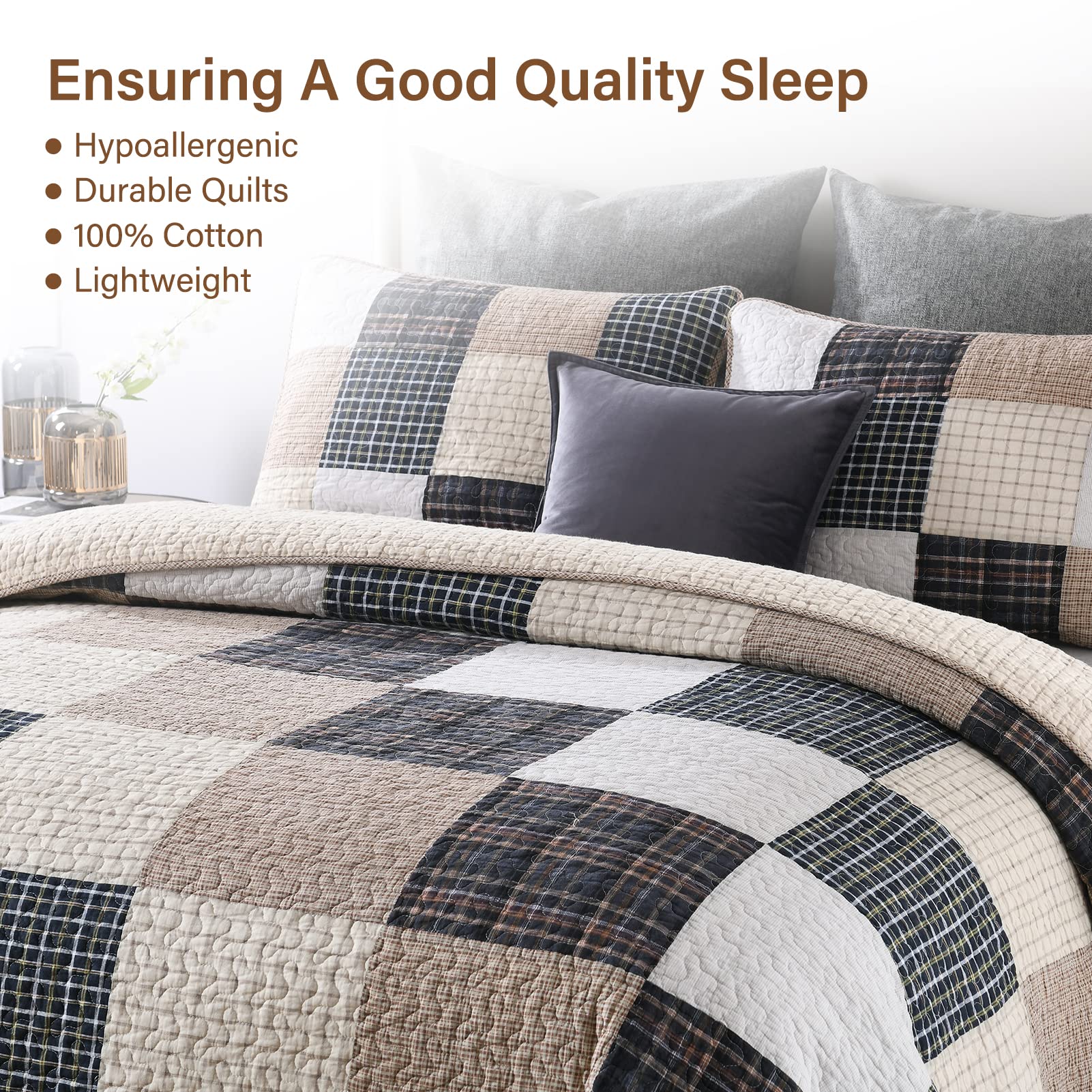 SahSahCasa Quilt King Size, King Quilt Set, 100% Cotton King Quilt Bedding Set Bedspread, Patchwork Farmhouse Quilt, Plaid Lightweight Rustic Quilts Comforter for King Bed, Beige, for All Season
