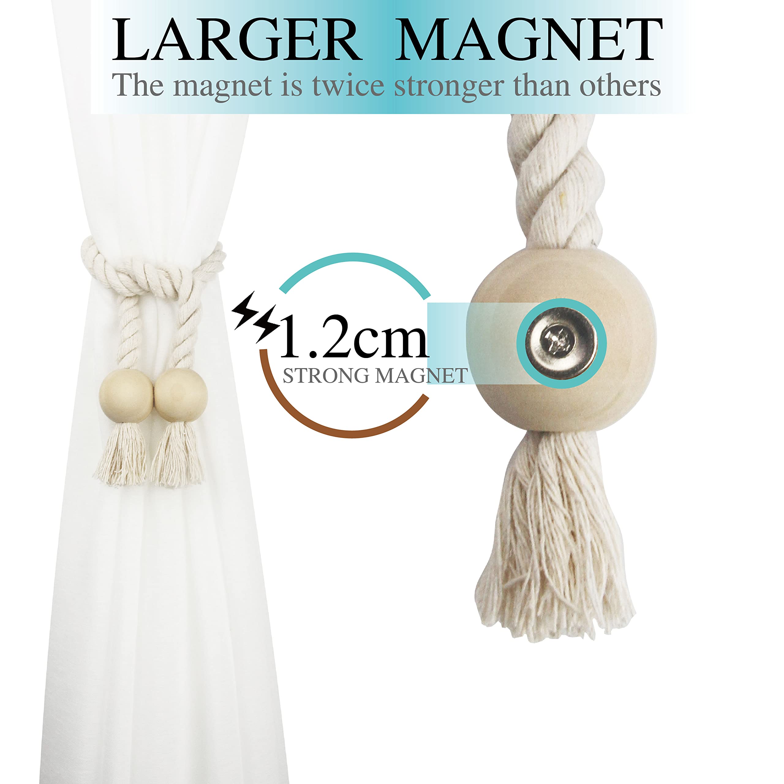 Nieffeiy 4 Pack Magnetic Curtain Tiebacks Cotton Hand Woven Tie Back Decorative Rope Holdbacks for Curtains Draperies No Tools Required, Beige