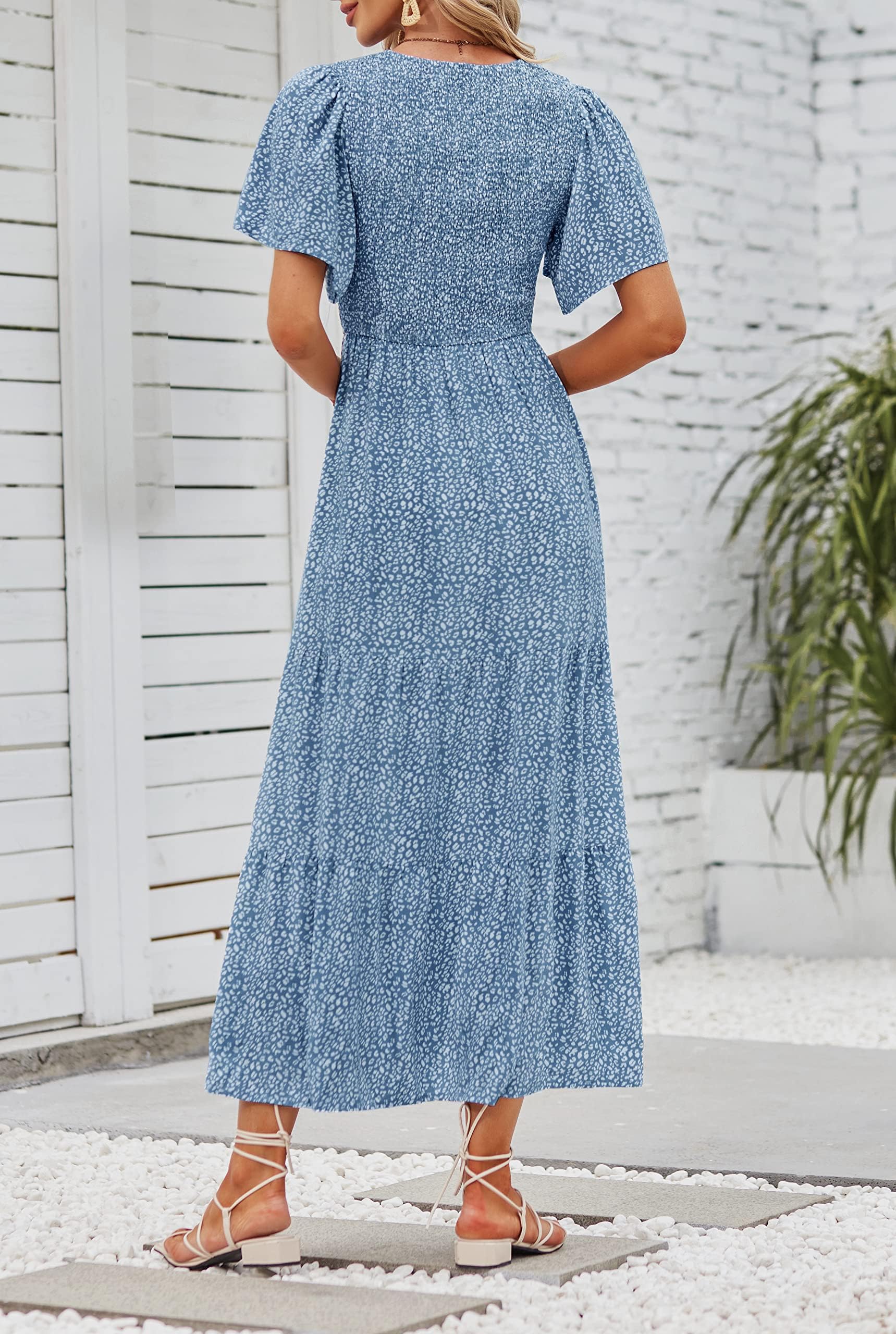 ZESICA Women's 2025 Summer Casual Floral Print Short Flutter Sleeve Crew Neck Smocked High Waist Flowy Maxi Dress,Blue,Large