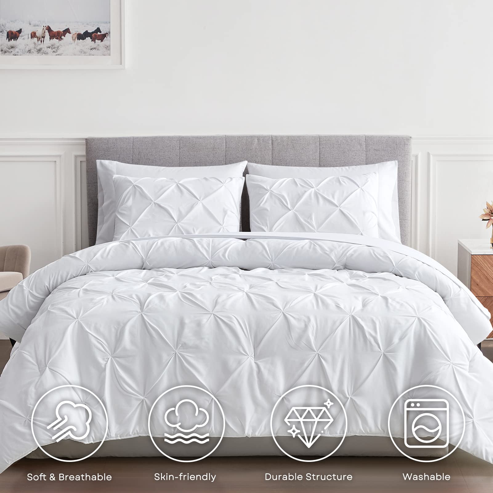 Maple&Stone White Queen Comforter Set, 7 Pieces Bed in a Bag Queen, Pintuck Bedding Sets with Comforter, Sheets, Pillowcases & Shams - White