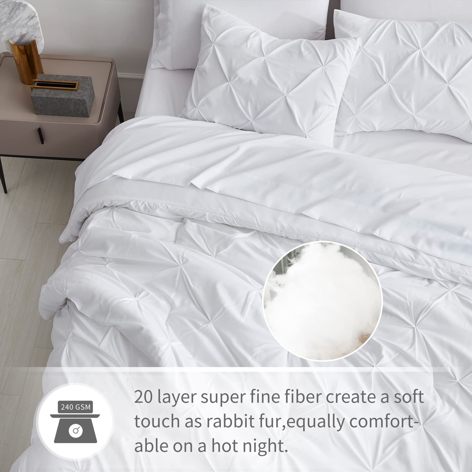 Maple&Stone White Queen Comforter Set, 7 Pieces Bed in a Bag Queen, Pintuck Bedding Sets with Comforter, Sheets, Pillowcases & Shams - White