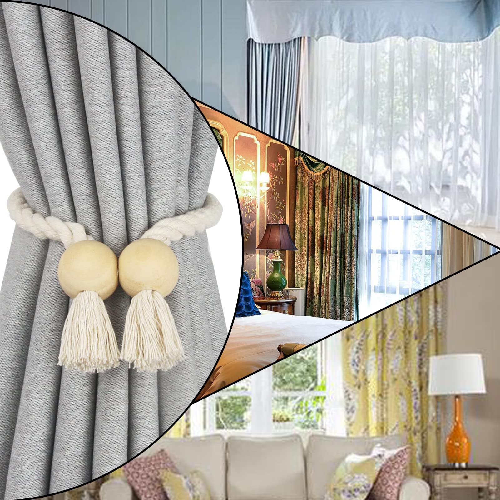 Nieffeiy 4 Pack Magnetic Curtain Tiebacks Cotton Hand Woven Tie Back Decorative Rope Holdbacks for Curtains Draperies No Tools Required, Beige