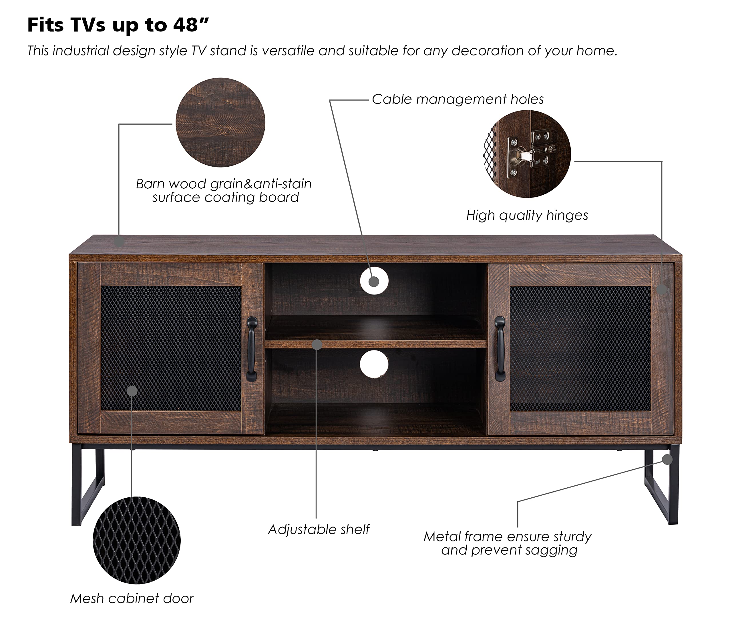 Spirich 48" Composite TV Stand, Fits TVs Up to 48 "with Metal Mesh Doors,Walnut