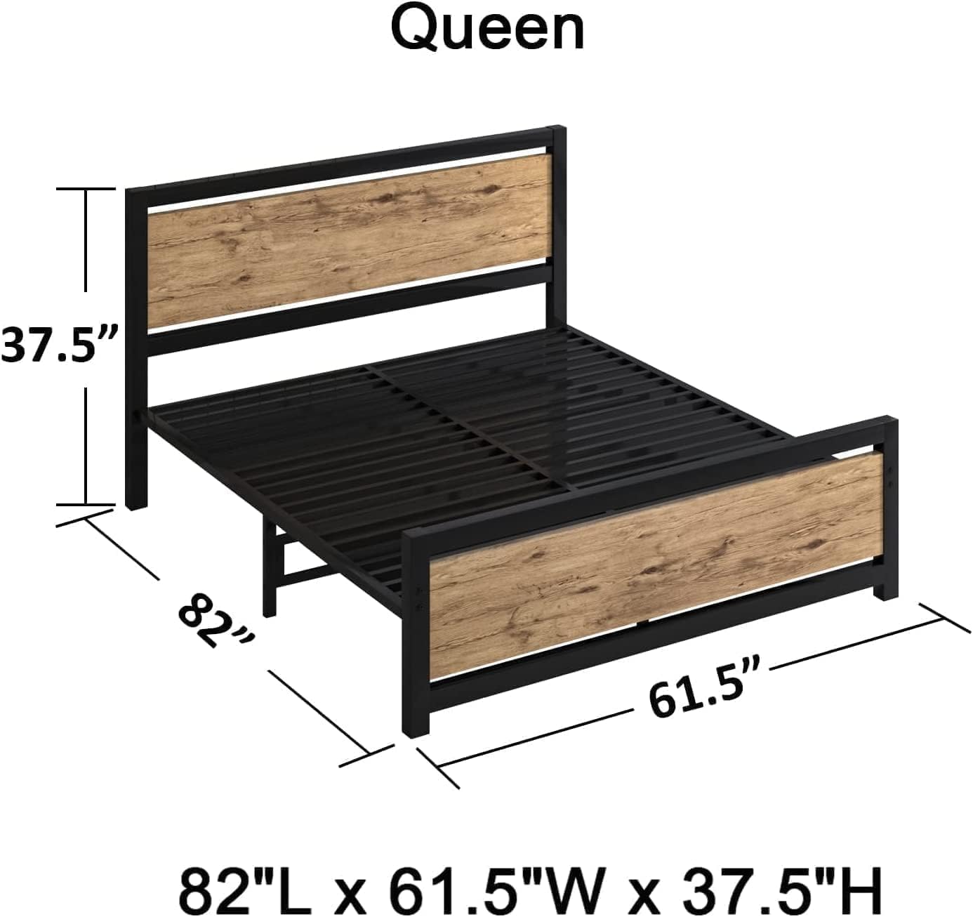 Catrimown Queen Bed, Metal Bed Frame with Strong Steel Slat Support, Heavy Duty Platform Bed with Headboard, Black, Under Bed Storage, No Box Spring Needed