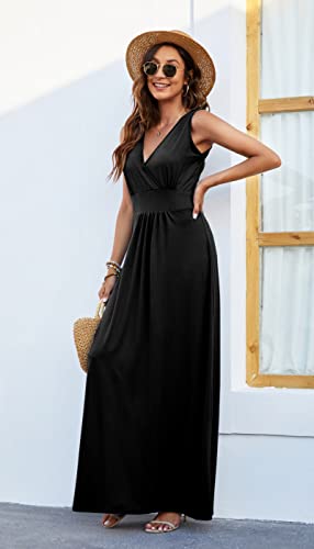 MOLERANI Women Sleeveless Deep V Neck Loose Plain Long Maxi Casual Dress(Black,XL)