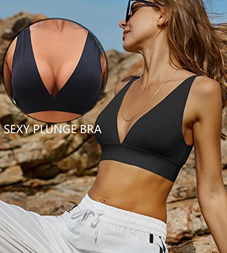 Women's Seamless Plunge Wireless Bra - Deep V-Neck, Unlined, Ultra Light and Soft Stretch Bralettes for Ladies by Knowyou - Black