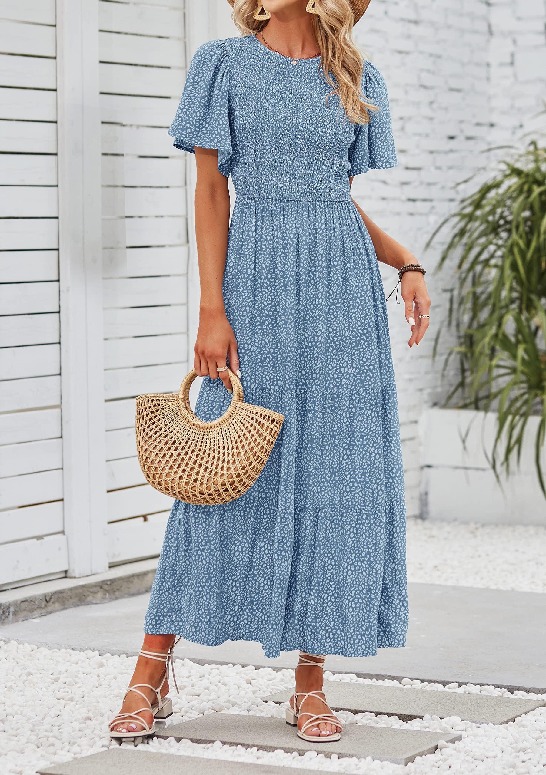 ZESICA Women's 2025 Summer Casual Floral Print Short Flutter Sleeve Crew Neck Smocked High Waist Flowy Maxi Dress,Blue,Large