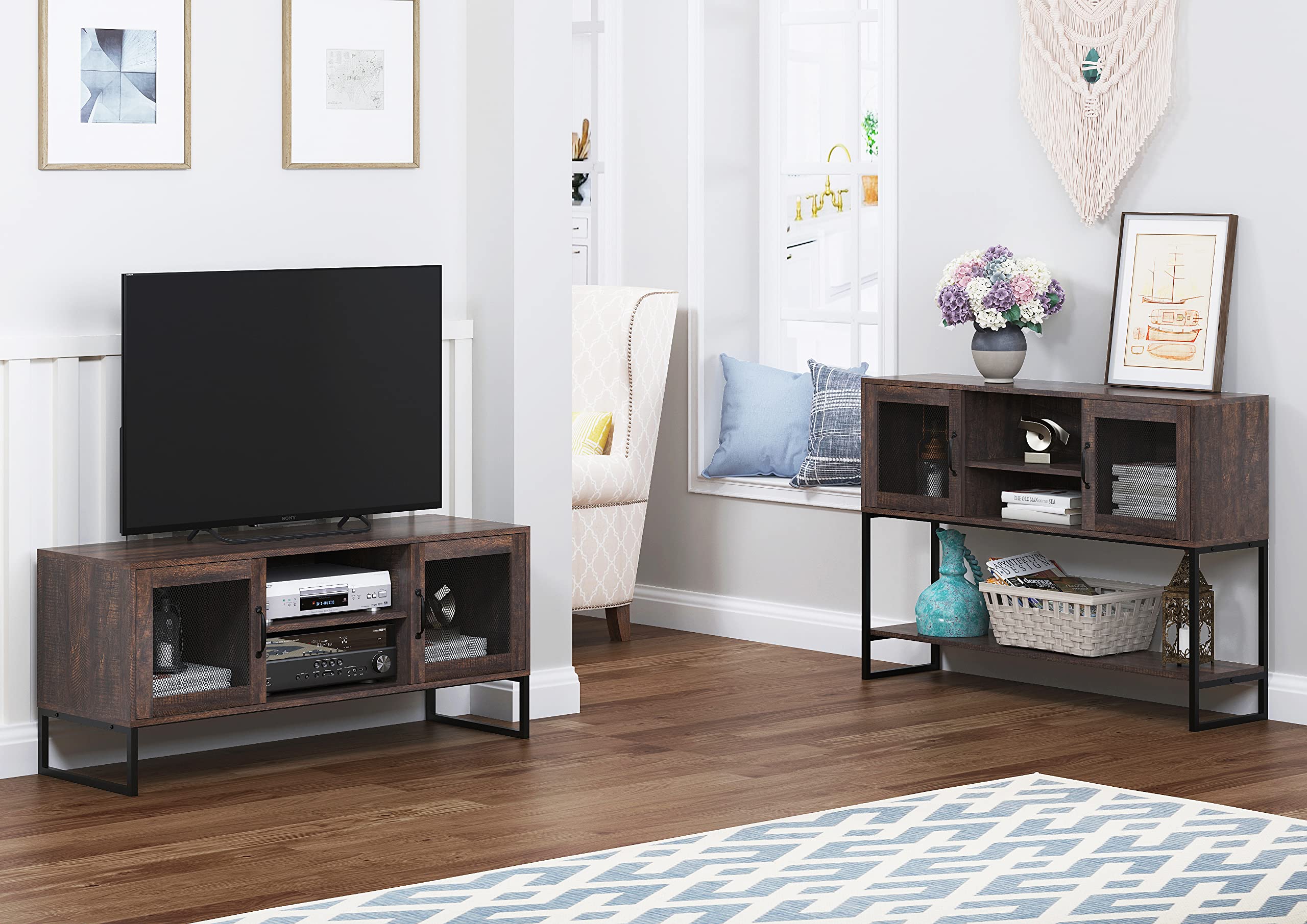Spirich 48" Composite TV Stand, Fits TVs Up to 48 "with Metal Mesh Doors,Walnut