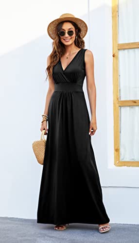 MOLERANI Women Sleeveless Deep V Neck Loose Plain Long Maxi Casual Dress(Black,XL)