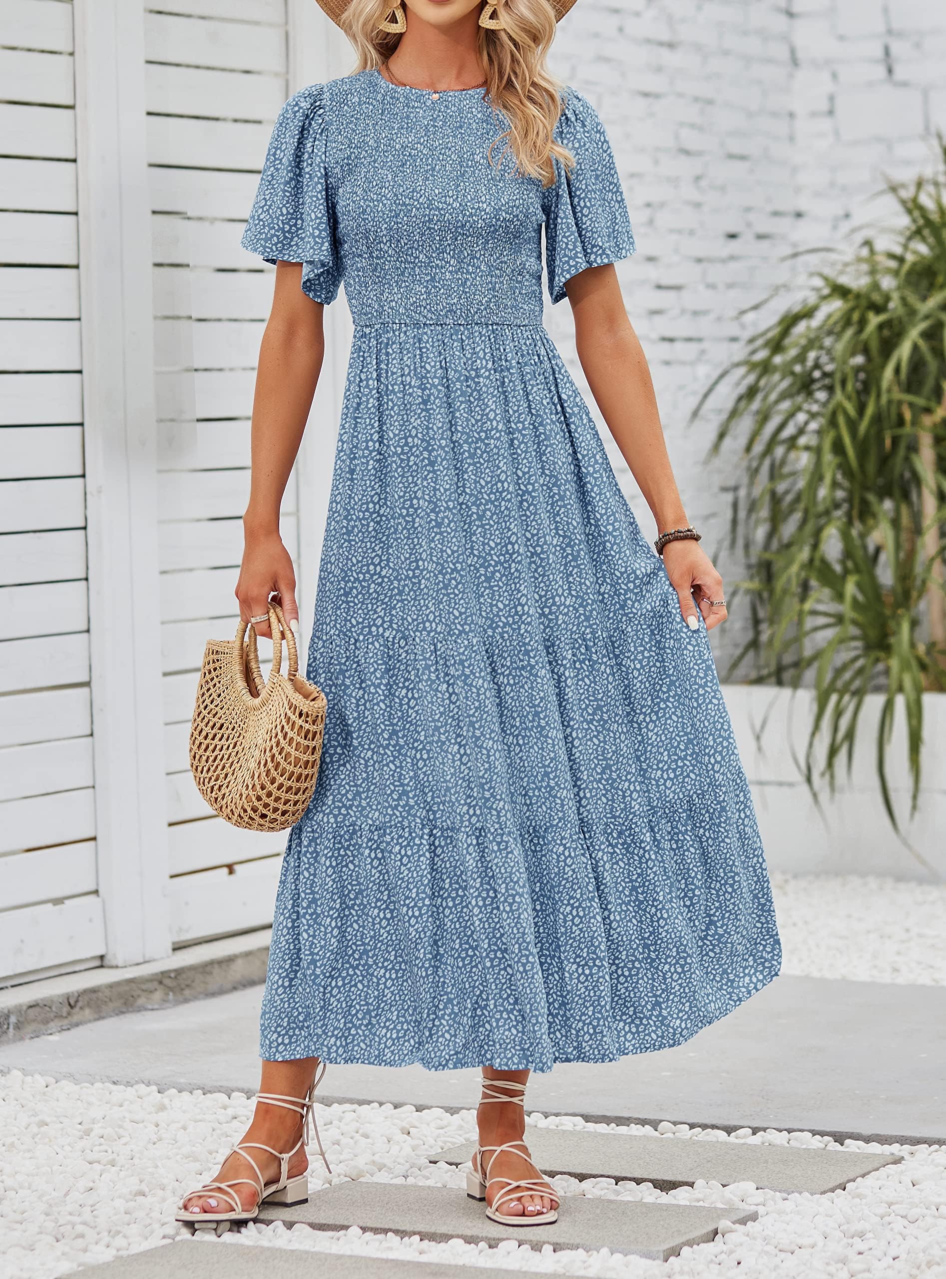 ZESICA Women's 2025 Summer Casual Floral Print Short Flutter Sleeve Crew Neck Smocked High Waist Flowy Maxi Dress,Blue,Large