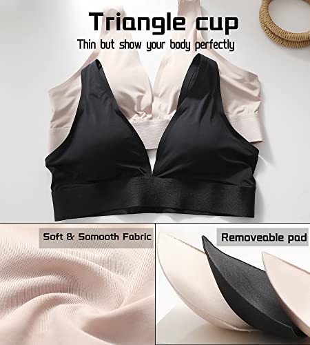 Women's Seamless Plunge Wireless Bra - Deep V-Neck, Unlined, Ultra Light and Soft Stretch Bralettes for Ladies by Knowyou - Black