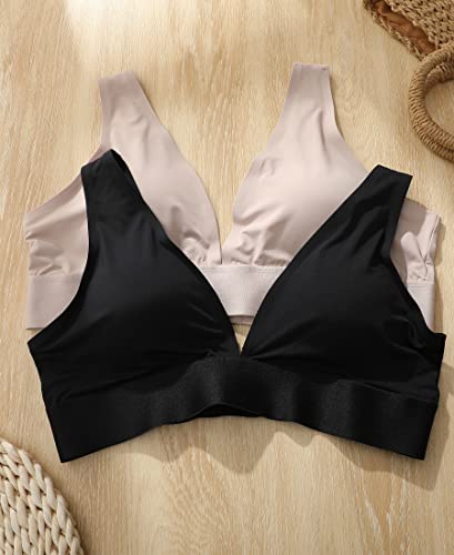 Women's Seamless Plunge Wireless Bra - Deep V-Neck, Unlined, Ultra Light and Soft Stretch Bralettes for Ladies by Knowyou - Black