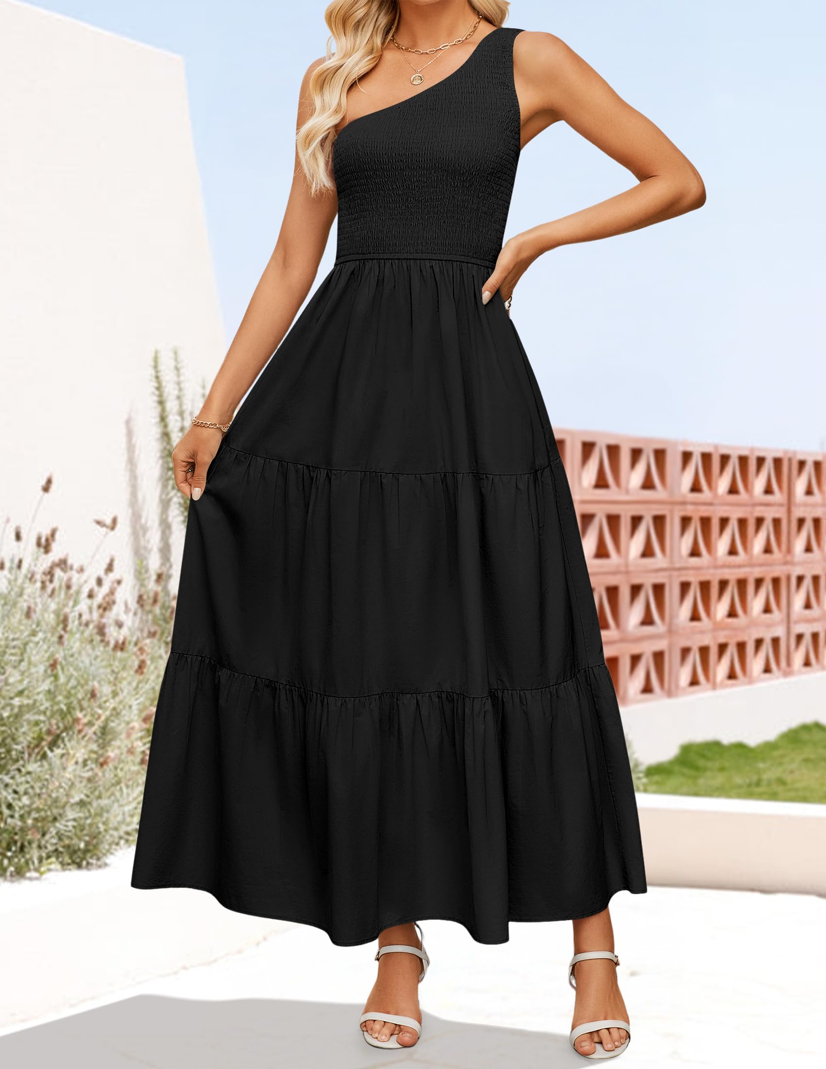 ZESICA Women's 2025 Bohemian Summer Floral Print One Shoulder Sleeveless Smocked Ruffle Tiered Beach Long Midi Dress,Black,Medium