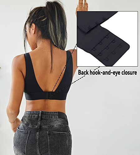 Women's Seamless Plunge Wireless Bra - Deep V-Neck, Unlined, Ultra Light and Soft Stretch Bralettes for Ladies by Knowyou - Black