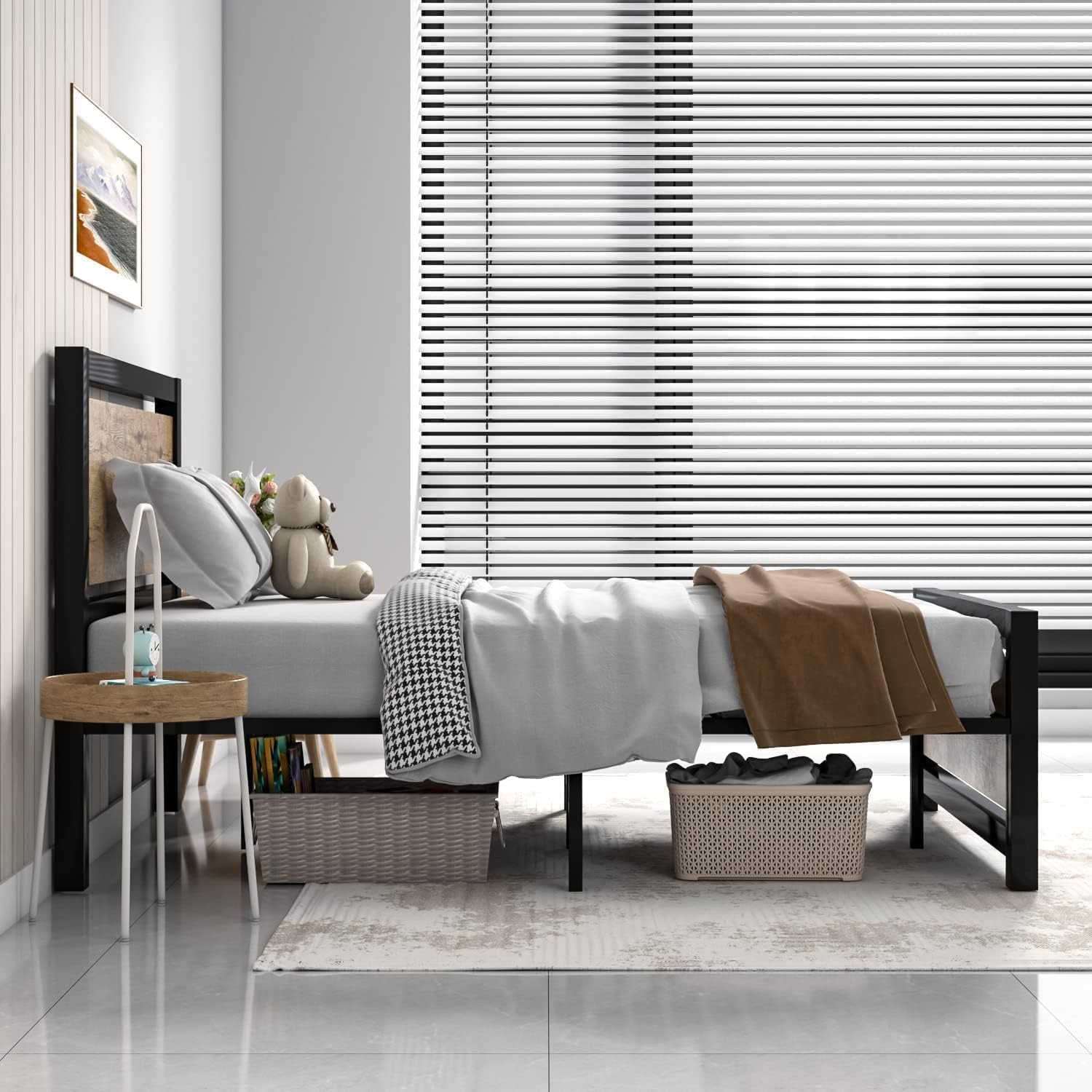 Catrimown Queen Bed, Metal Bed Frame with Strong Steel Slat Support, Heavy Duty Platform Bed with Headboard, Black, Under Bed Storage, No Box Spring Needed