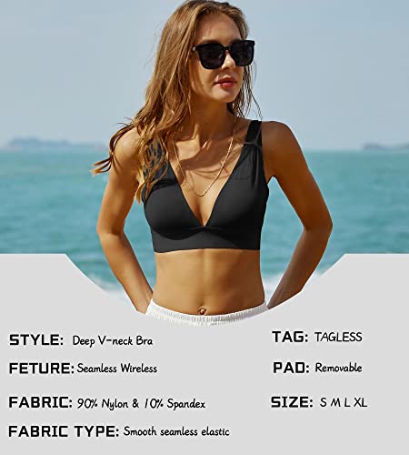 Women's Seamless Plunge Wireless Bra - Deep V-Neck, Unlined, Ultra Light and Soft Stretch Bralettes for Ladies by Knowyou - Black