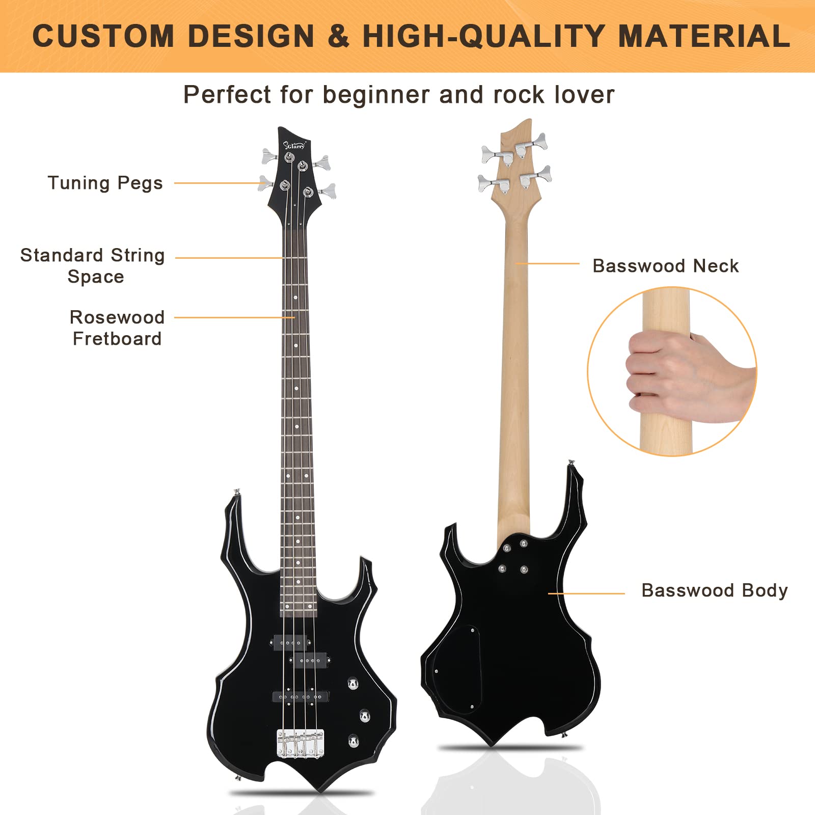 GLARRY Electric Bass Guitar 4 Strings Buring Fire Style Single Coil - Split Single Coil Pickups for Beginner Adults Right Hand w/ 20W Amp, Bag, Strap and Cord (Black)