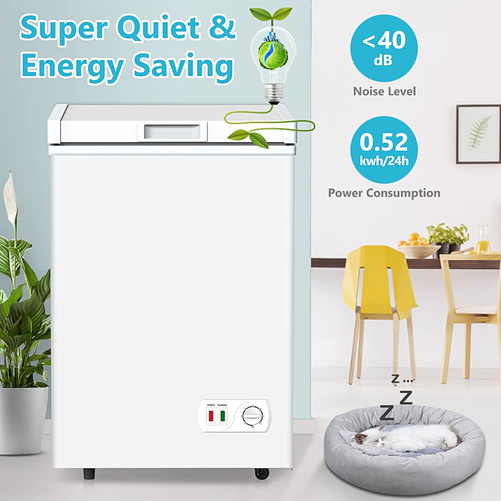 LifePlus Chest Freezer, 3.8 Cubic Feet Small Deep Freezer w/Removable Basket & Wheels, Super Quiet & Energy Saving, Top Open Loading Compact Box Freezer For Meat Breast Milk, Mini
