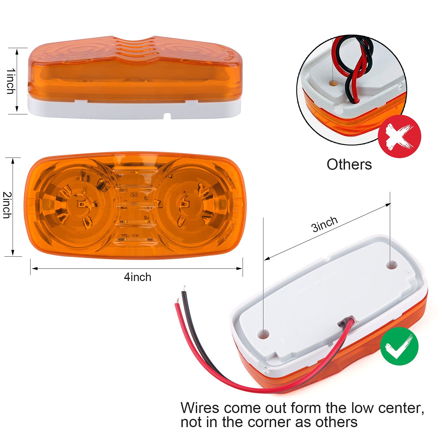 Konrali 14Pcs Double Bullseye Led Marker Lights 10 LED, 2x4 Rectangle Led Trailer Marker Lights Red/Amber Surface Mount 12V Airstreams RV Camper Led Marker Clearance Lights Sealed (7 Amber+ 7 Red)