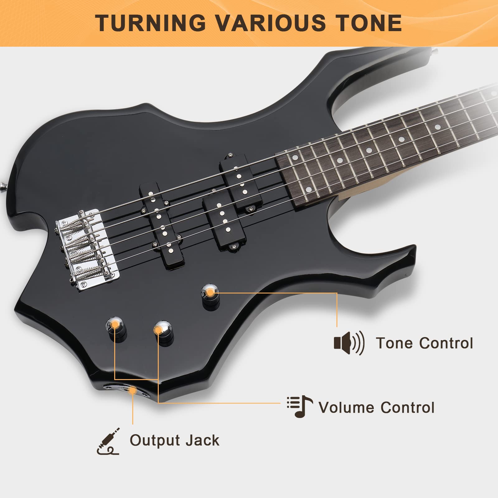 GLARRY Electric Bass Guitar 4 Strings Buring Fire Style Single Coil - Split Single Coil Pickups for Beginner Adults Right Hand w/ 20W Amp, Bag, Strap and Cord (Black)