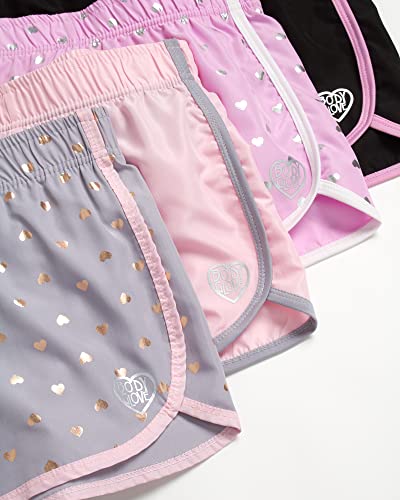 Body Glove Girls Shorts 4 Pack Athletic Performance Dry Fit Dolphin Gym Shorts, Scrunchie (7-12), Size 12, GreyPurple HeartBlackPink