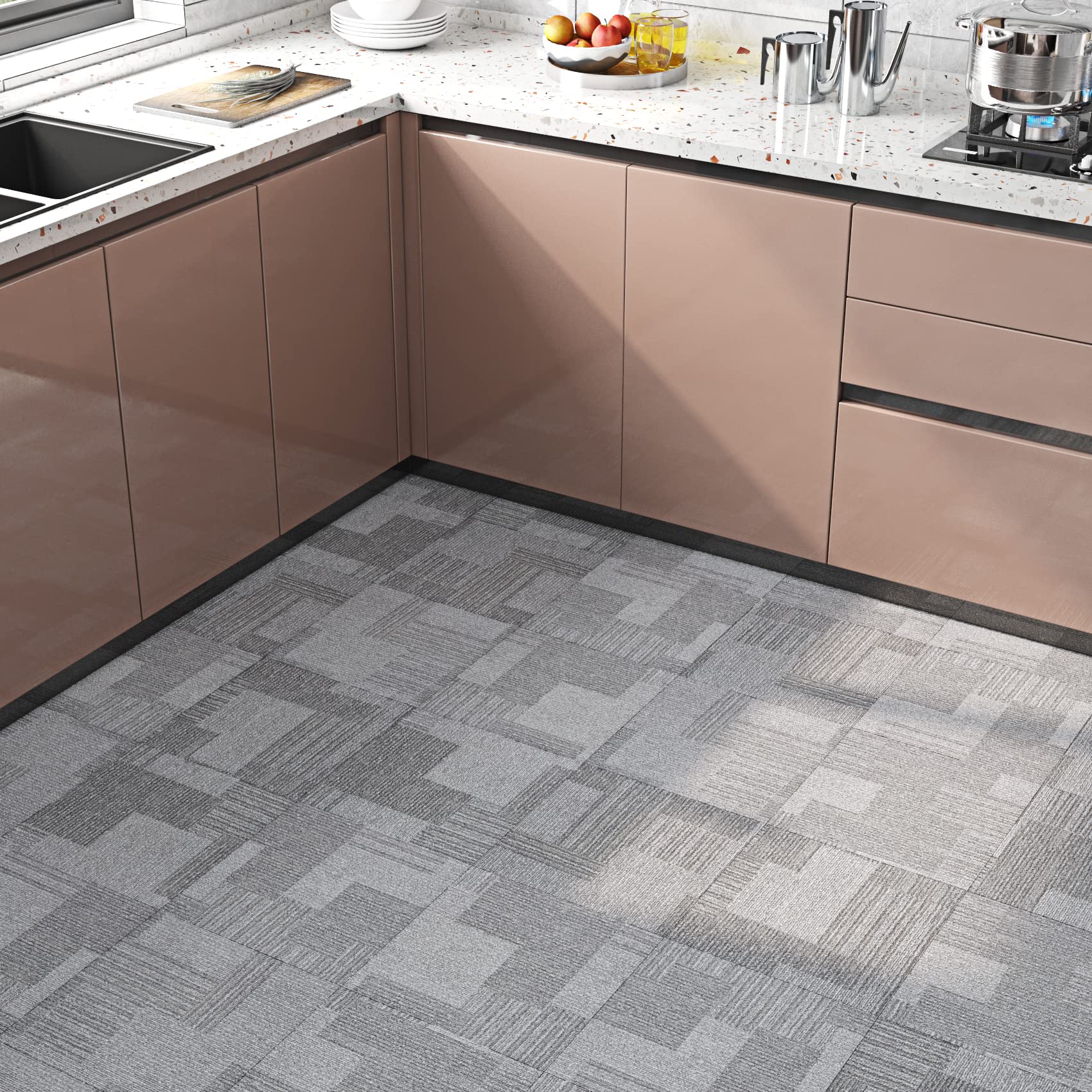 FunStick 15 Pack Vinyl Flooring Peel and Stick Floor Tile Bathroom Waterproof 12x12In Grey Stick on Flooring Tiles for Kitchen Bedroom Grey Laminate Flooring Removable Sticky Linoleum Carpet Tiles