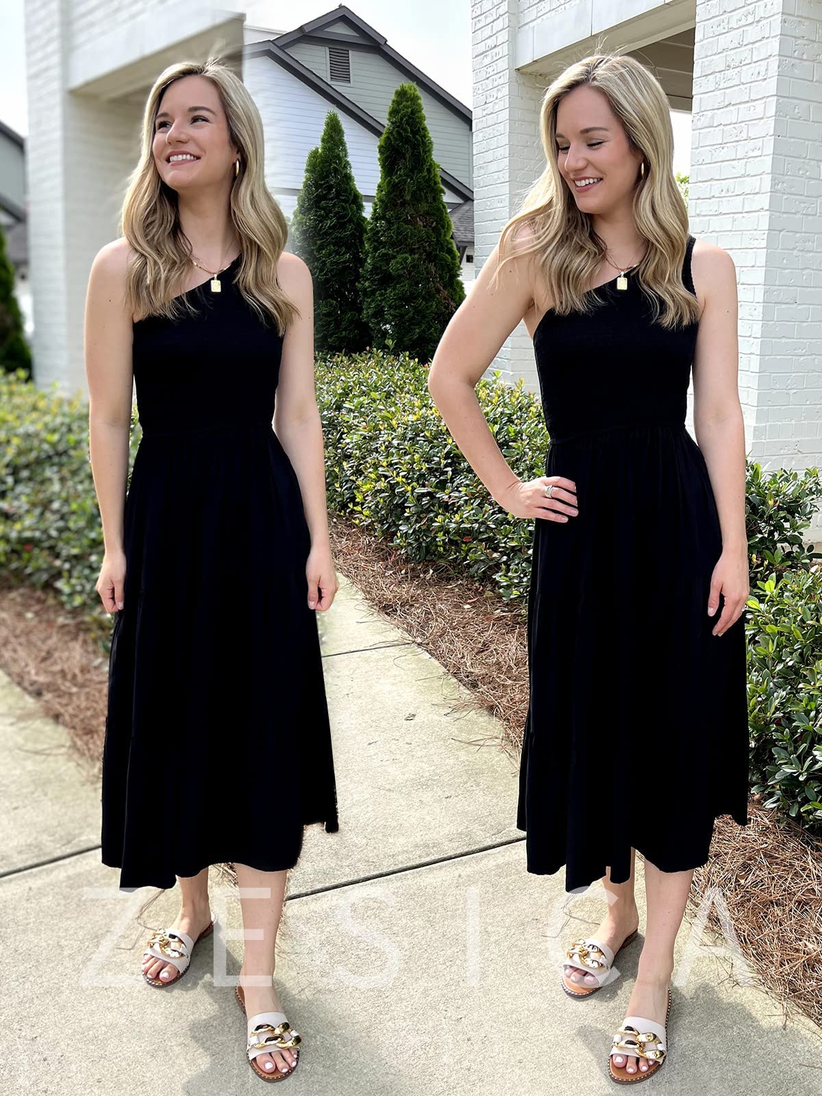 ZESICA Women's 2025 Bohemian Summer Floral Print One Shoulder Sleeveless Smocked Ruffle Tiered Beach Long Midi Dress,Black,Medium
