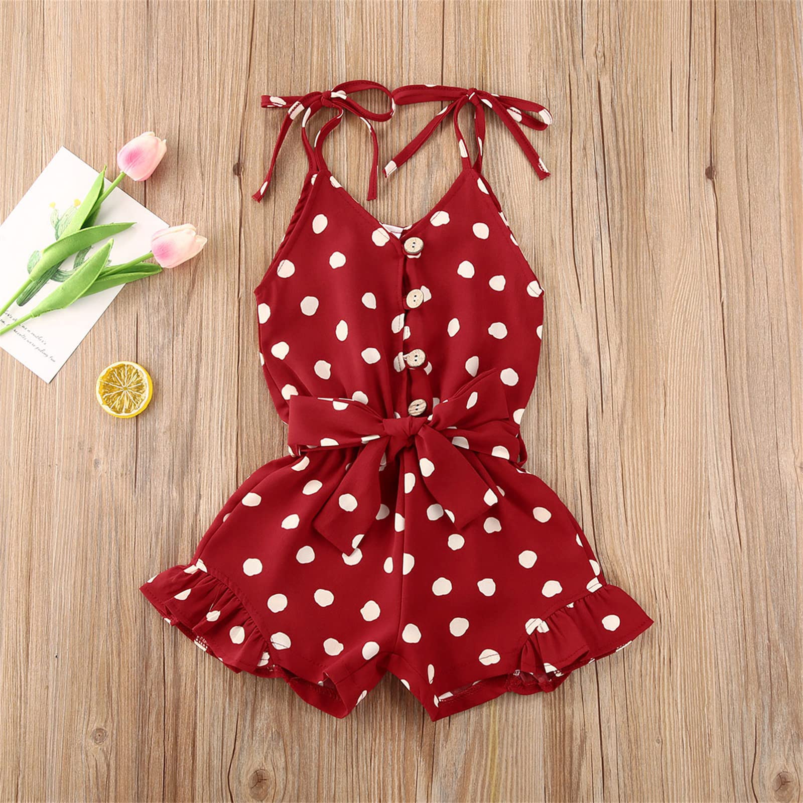 Rtnnsbbfcm Toddler Girl Romper Outfit Short Sleeveless Leopard Jumpsuit Playsuit One-Piece Baby Girl Summer Clothes (Dots Red, 1-2T)