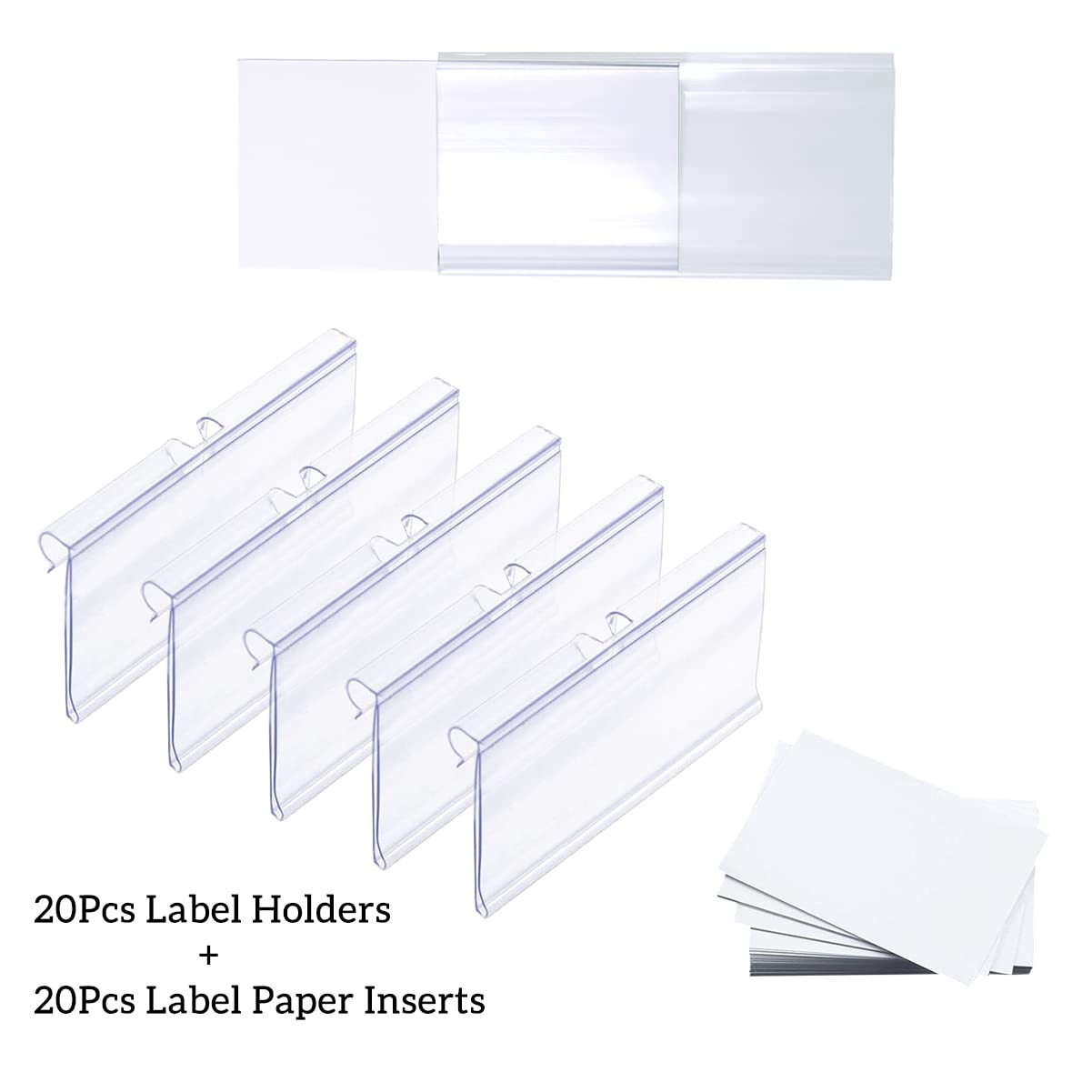 Diteje 20 Pack Plastic Wire Shelf Label Holder,Shelving Rack Retail Sign Hook Labels Clip On with Paper Inserts, 3.94x1.50inch