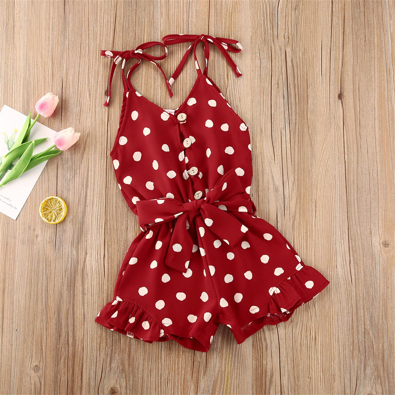 Rtnnsbbfcm Toddler Girl Romper Outfit Short Sleeveless Leopard Jumpsuit Playsuit One-Piece Baby Girl Summer Clothes (Dots Red, 1-2T)