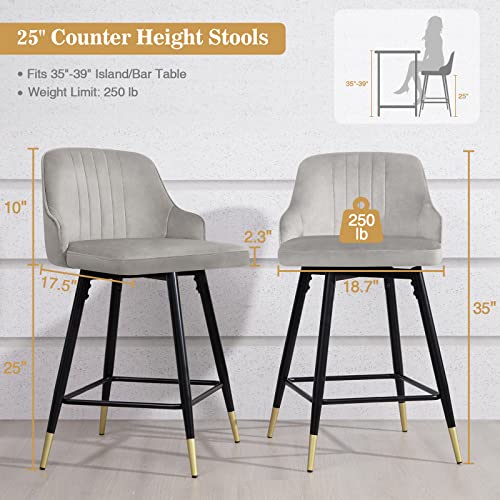 Swivel Barstool Set of 2: 25" Counter Height Bar Stools, Modern Bar Stools for Kitchen Island, Velvet Counter Stool with Back,Island Chairs for Kitchen Counter, 2 Counter Stools, Grey Bar Chair