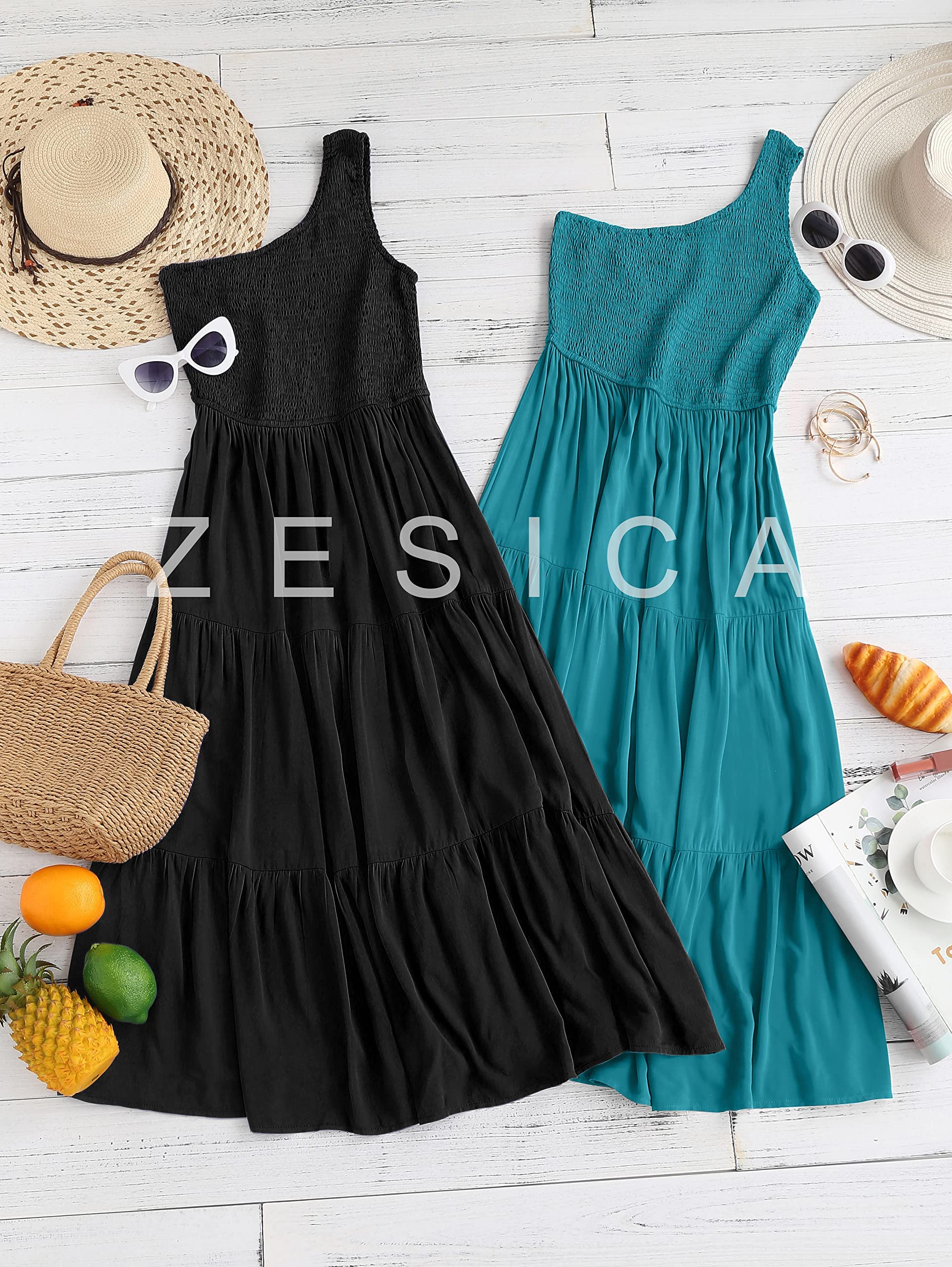 ZESICA Women's 2025 Bohemian Summer Floral Print One Shoulder Sleeveless Smocked Ruffle Tiered Beach Long Midi Dress,Black,Medium