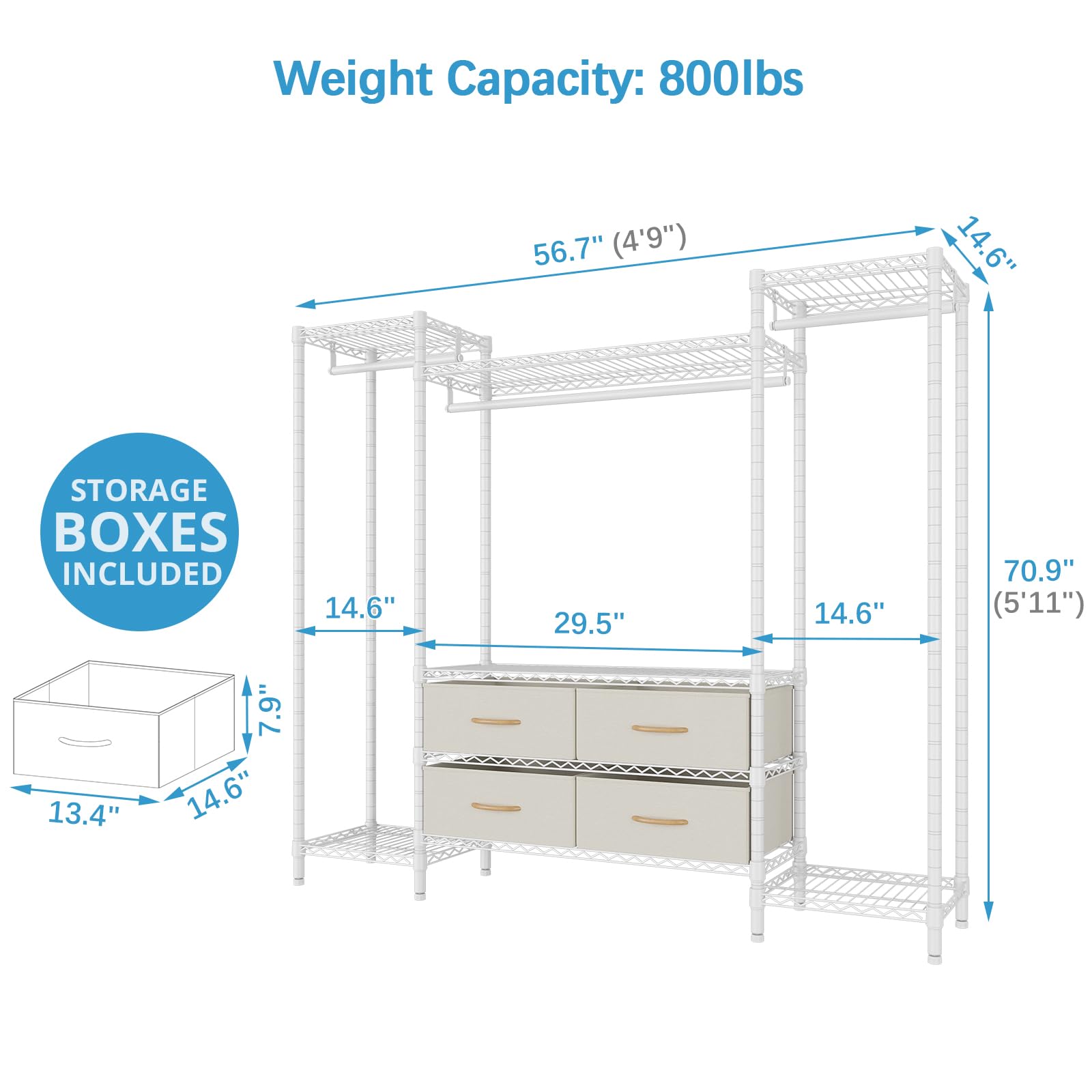 VIPEK V20 Wire Garment Rack Heavy Duty Clothes Rack, Metal Clothing Rack with 6 Shelves, 3 Hang Rods & 4 Fabric Drawers, Compact Freestanding Closet Wardrobe, 56.7" L x 14.6" W x 70.9" H, White
