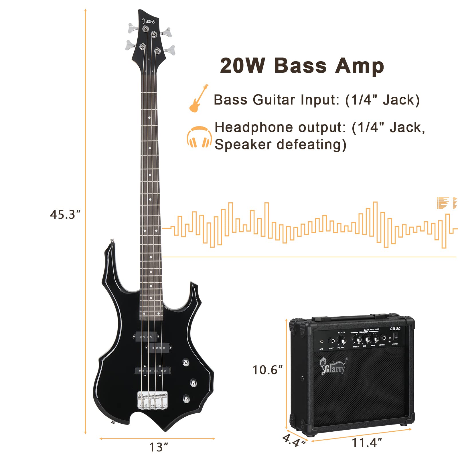 GLARRY Electric Bass Guitar 4 Strings Buring Fire Style Single Coil - Split Single Coil Pickups for Beginner Adults Right Hand w/ 20W Amp, Bag, Strap and Cord (Black)