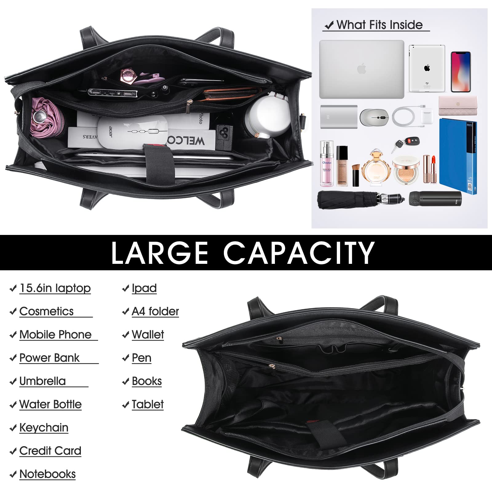 Laptop Bag for Women 15.6 Inch Laptop Tote Bags PU Leather Lightweight Womens Computer Bag Office Shoulder Bag Handbag Large Capacity Work Briefcase Bag 2PCs Black Crocodile Pattern