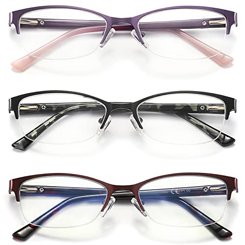 HOTJOJO Blue Light Blocking Reading Glasses for Women - 3 Pack with Metal Oval Frame, Spring Hinge, Anti Blue Ray - 225 Magnification Strength