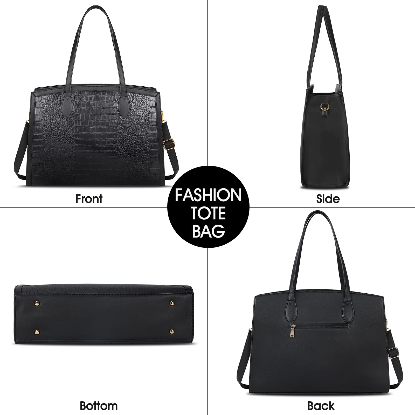 Laptop Bag for Women 15.6 Inch Laptop Tote Bags PU Leather Lightweight Womens Computer Bag Office Shoulder Bag Handbag Large Capacity Work Briefcase Bag 2PCs Black Crocodile Pattern