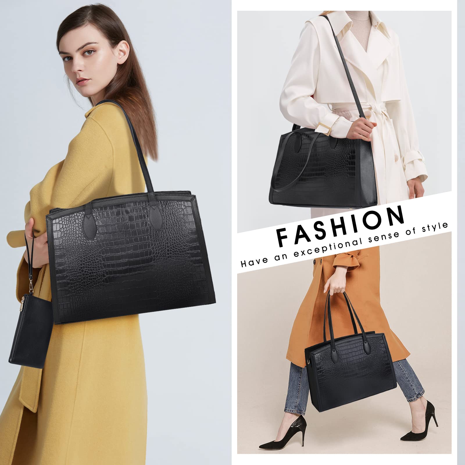 Laptop Bag for Women 15.6 Inch Laptop Tote Bags PU Leather Lightweight Womens Computer Bag Office Shoulder Bag Handbag Large Capacity Work Briefcase Bag 2PCs Black Crocodile Pattern