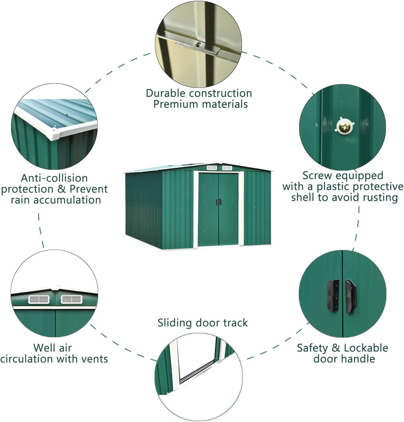 4ever2buy 8x10 Steel Shed, Outdoor Storage, White, UV Resistant, Modern Style, Sliding Doors, Green