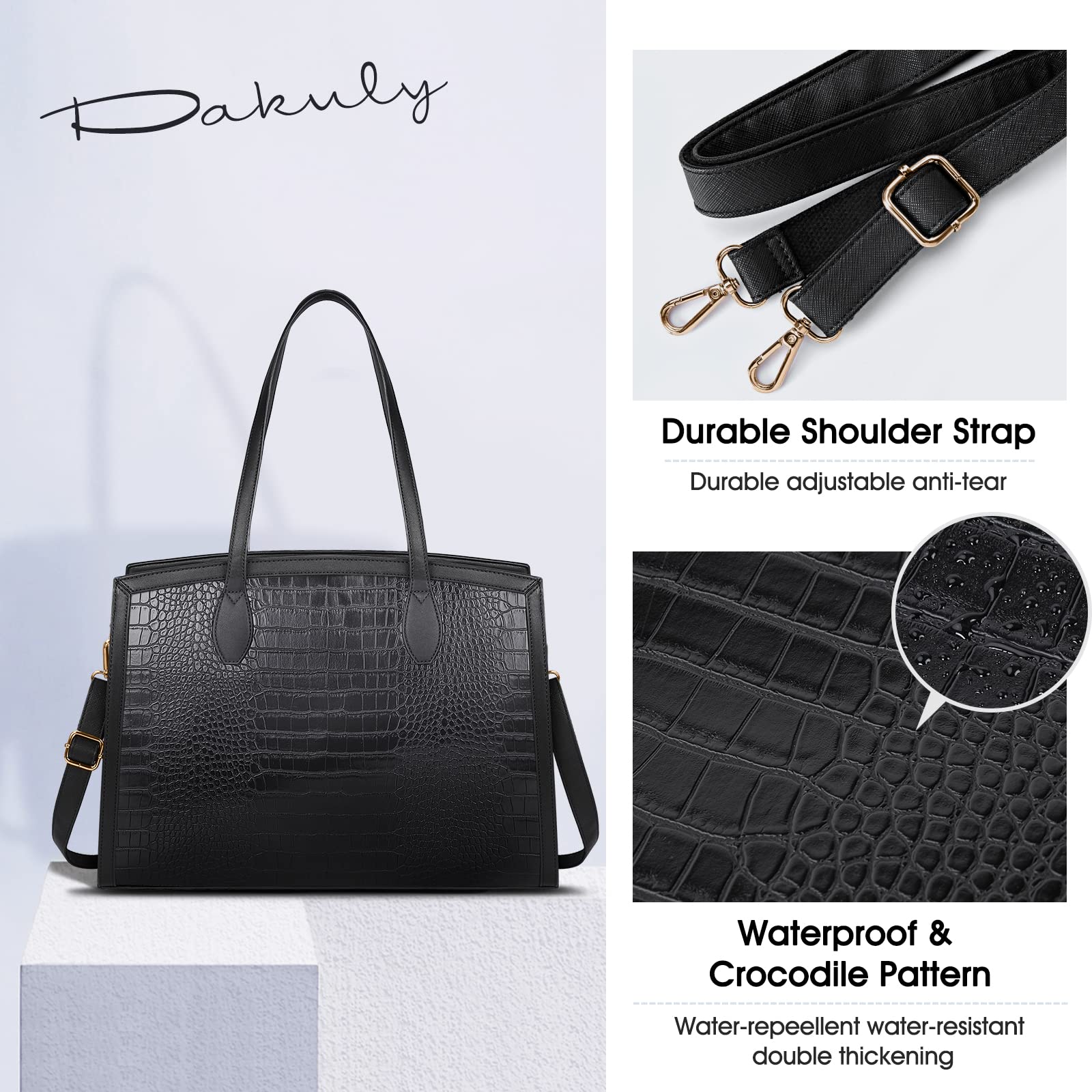 Laptop Bag for Women 15.6 Inch Laptop Tote Bags PU Leather Lightweight Womens Computer Bag Office Shoulder Bag Handbag Large Capacity Work Briefcase Bag 2PCs Black Crocodile Pattern