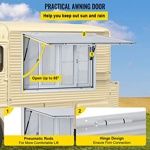 VEVOR Concession Window 60 x 36 inch, Aluminum Alloy Food Truck Service Window with 4 Horizontal Sliding Screen Windows & Awning Door & Drag Hook, Serving Window for Food Trucks Concession Trailers