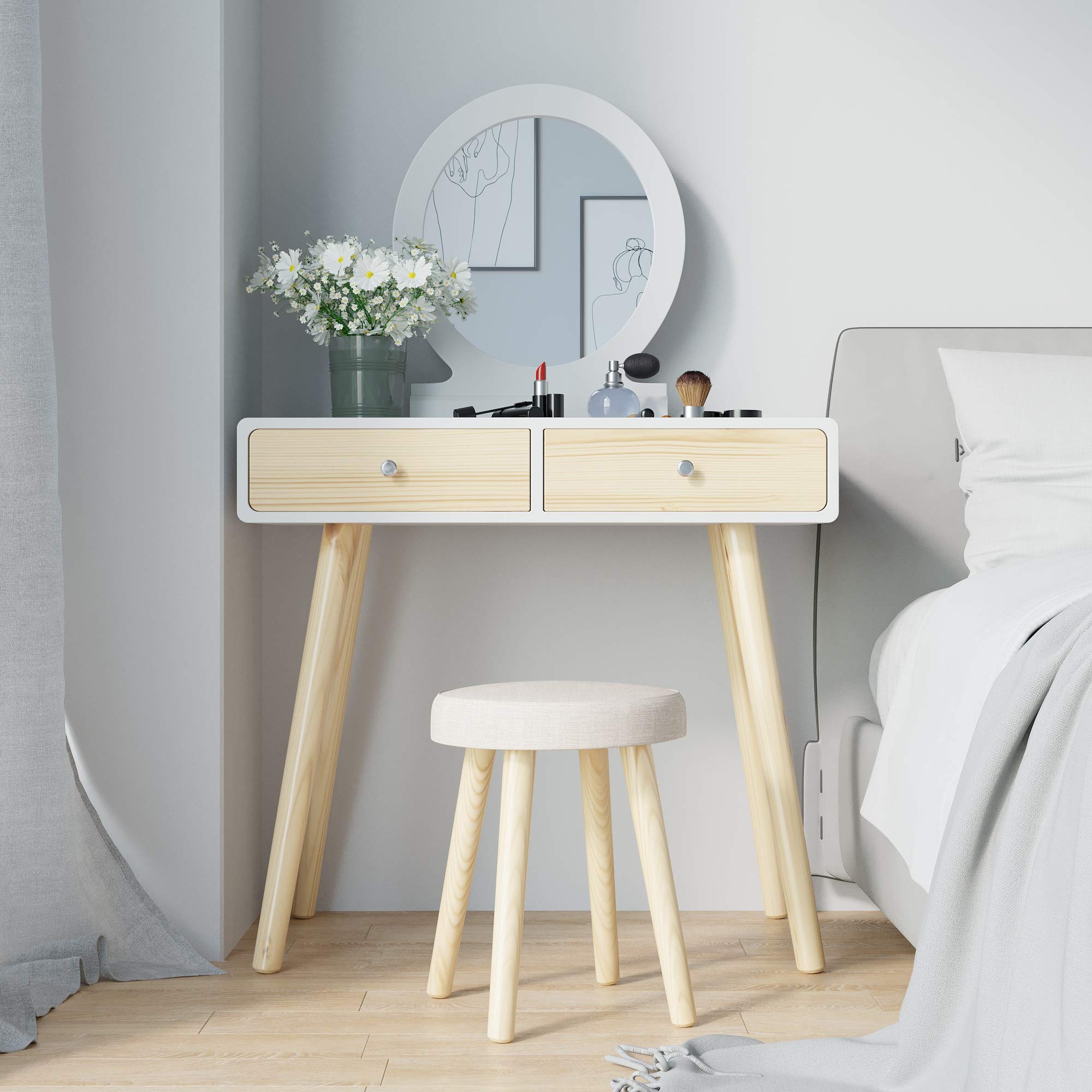 JAXPETY Classic 2-Drawers Girls Vanity Table Set with Mirror and Cushioned Stool, French Countryside Style Dsign Makeup Dressing Table Bedroom Organizer for Girls Women, White