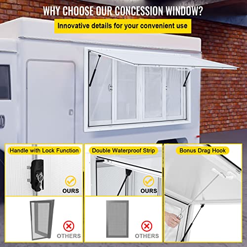 VEVOR Concession Window 60 x 36 inch, Aluminum Alloy Food Truck Service Window with 4 Horizontal Sliding Screen Windows & Awning Door & Drag Hook, Serving Window for Food Trucks Concession Trailers