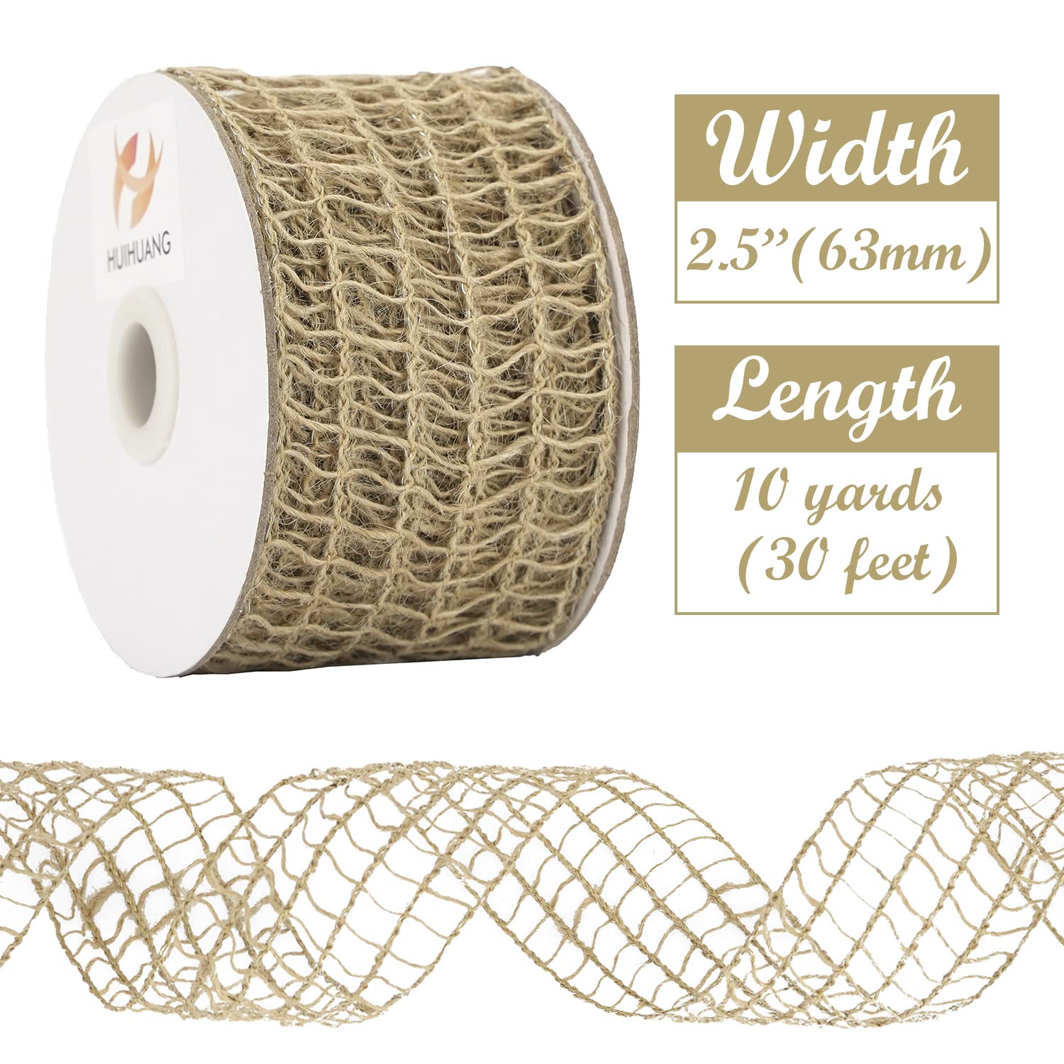 HUIHUANG Mesh Burlap Wired Ribbon With Edge - Rustic Jute Netting 2.5 Inch for Wreaths, Bows, Christmas Tree, Fall Wreath, Crafts, Gift Wrapping, Home Decor - 10 Yards