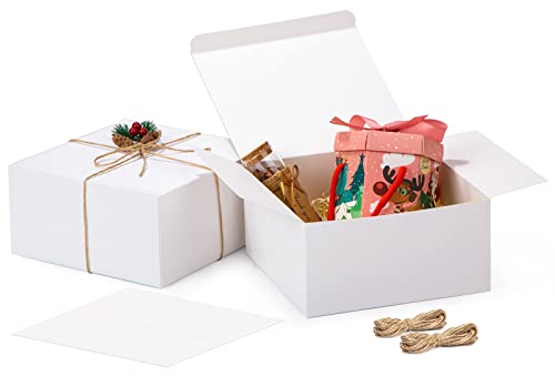 HLWDFLZ White Gift Boxes 12 Pack 8x8x4 Inches Paper Box, Gift Boxes with Lids, Wedding Present Box, Bridesmaid Proposal Box, Birthday Party Favor Box, Christmas Box with 66ft Twine and 12 clear stickers