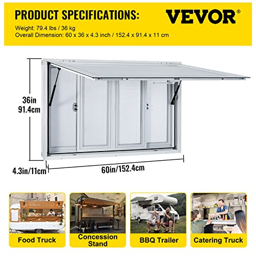 VEVOR Concession Window 60 x 36 inch, Aluminum Alloy Food Truck Service Window with 4 Horizontal Sliding Screen Windows & Awning Door & Drag Hook, Serving Window for Food Trucks Concession Trailers