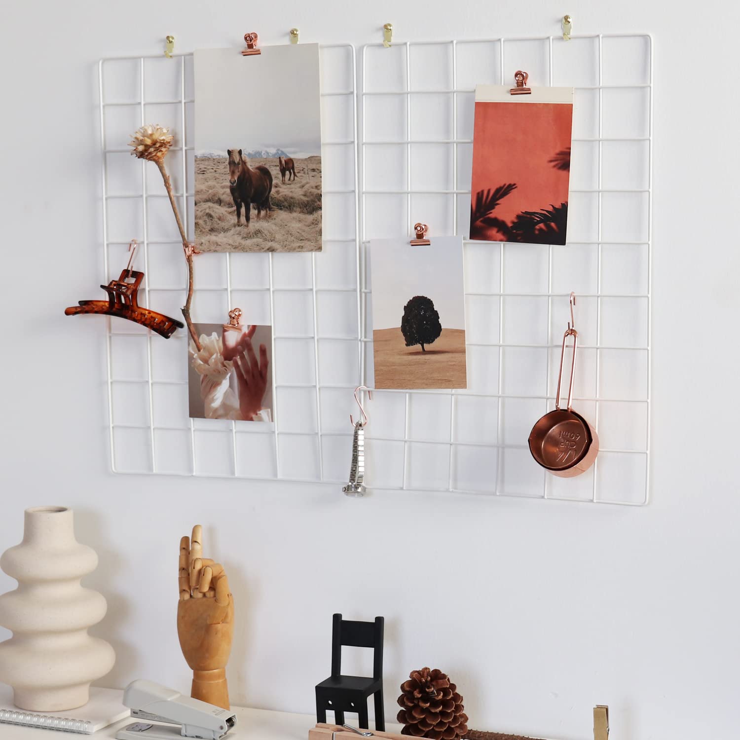 FRIADE Wall Grid Panel for Photo Display,Wall Storage Organizer,5 Metal Clips & 3 S Hooks & 4 Nails & 4 Plastic Hanging Buckles and 4 Screws Offered,Size 17.5" x 11.8",Set of 2 (White)