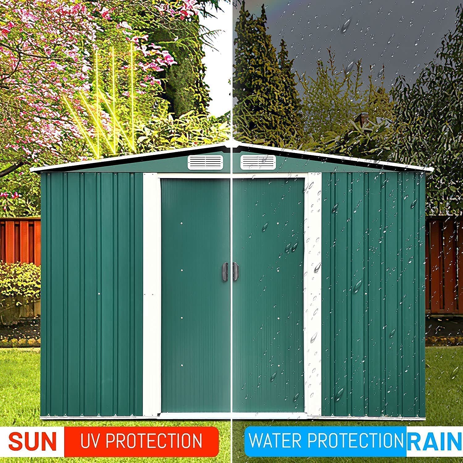 4ever2buy 8x10 Steel Shed, Outdoor Storage, White, UV Resistant, Modern Style, Sliding Doors, Green