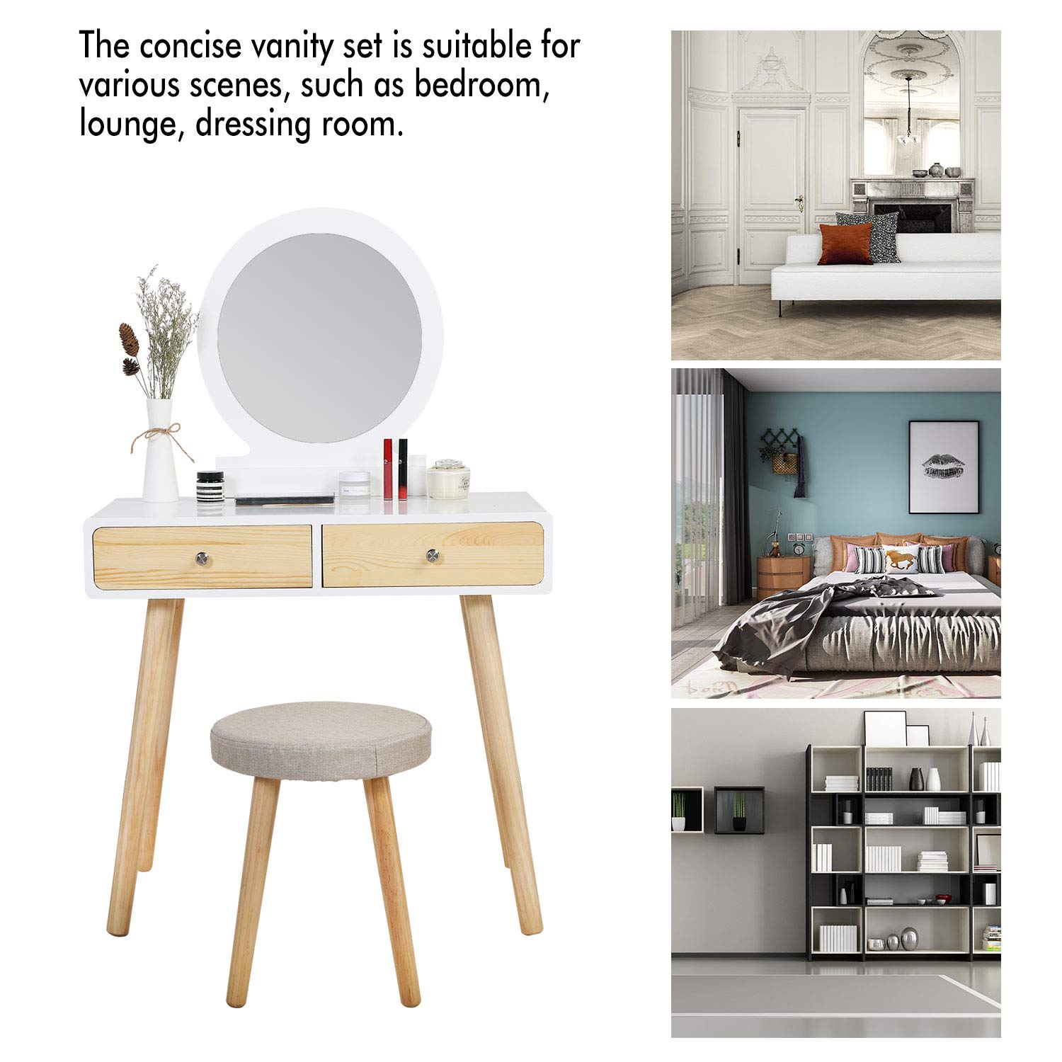 JAXPETY Classic 2-Drawers Girls Vanity Table Set with Mirror and Cushioned Stool, French Countryside Style Dsign Makeup Dressing Table Bedroom Organizer for Girls Women, White
