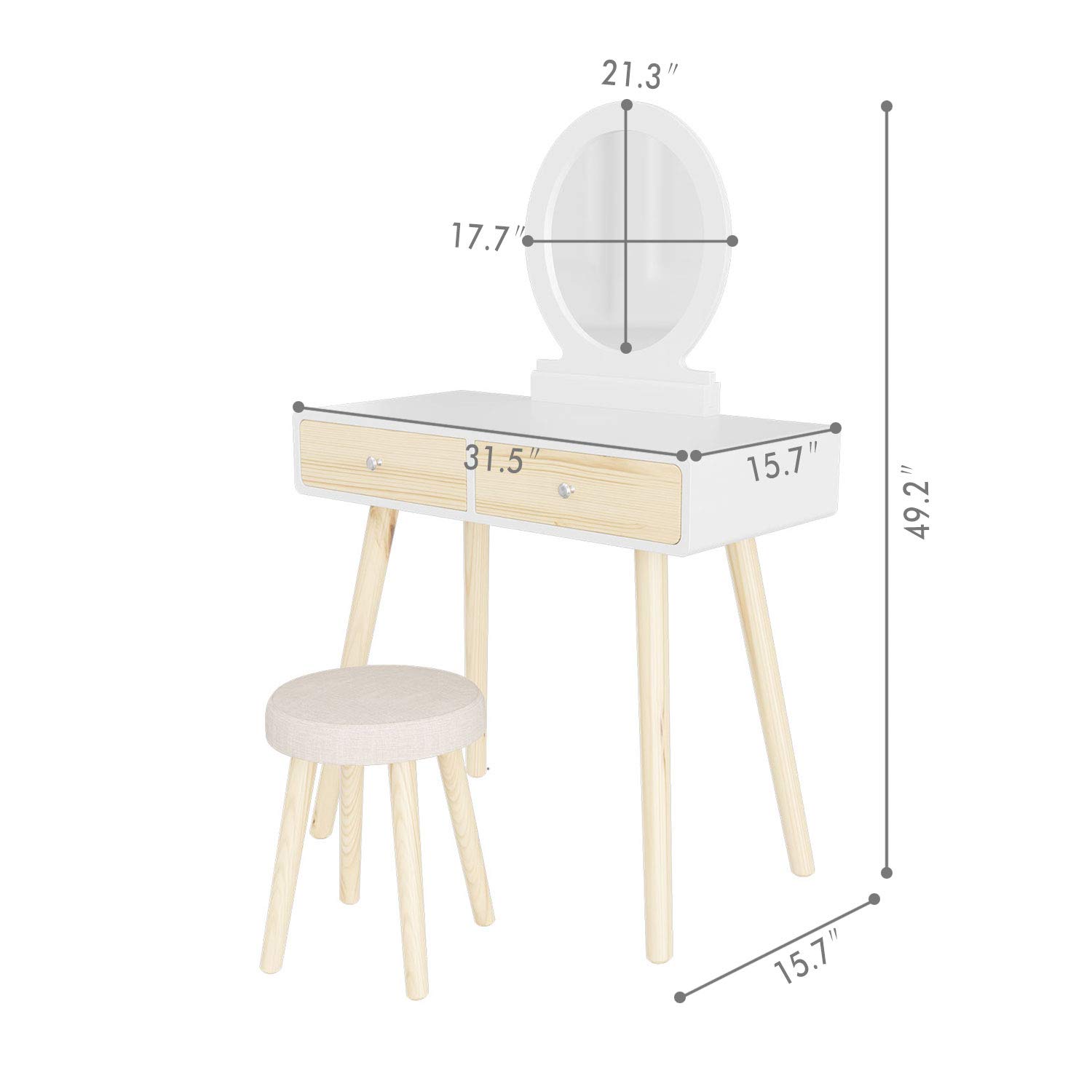 JAXPETY Classic 2-Drawers Girls Vanity Table Set with Mirror and Cushioned Stool, French Countryside Style Dsign Makeup Dressing Table Bedroom Organizer for Girls Women, White